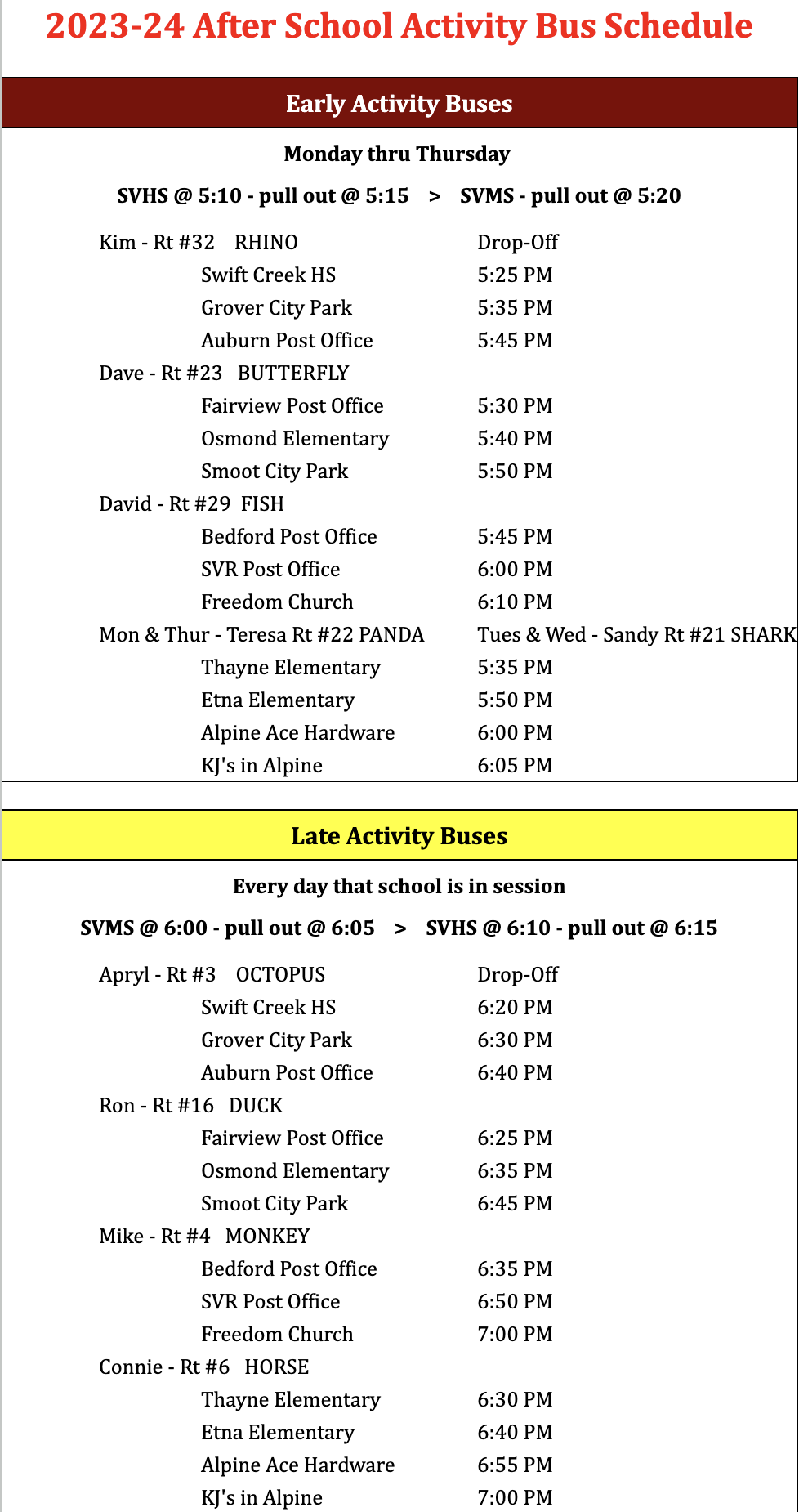 After School Activity Buses – Transportation Department